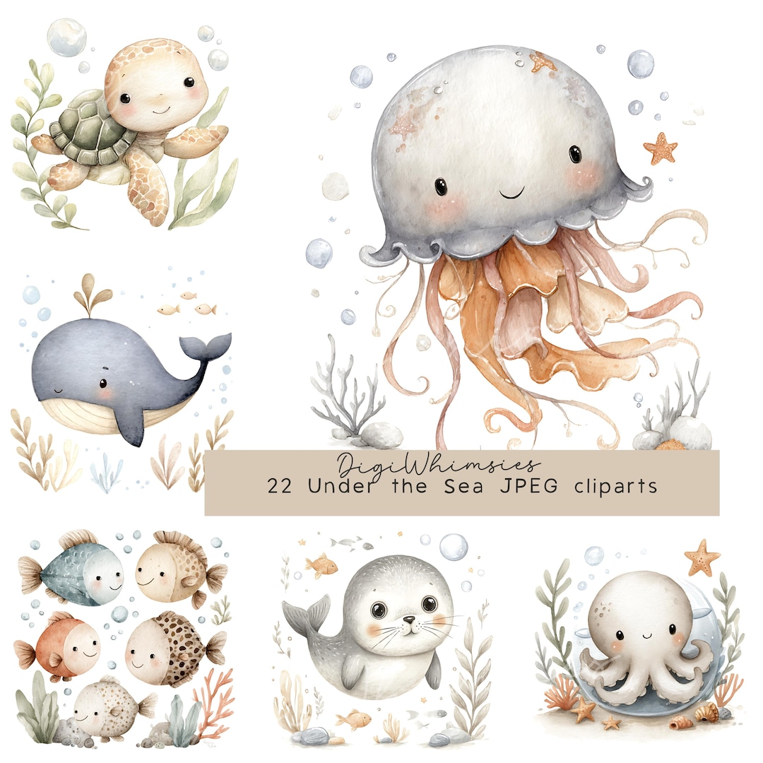Watercolor Sea Animals Clipart | Ocean Nursery Art (JPG Digital ...