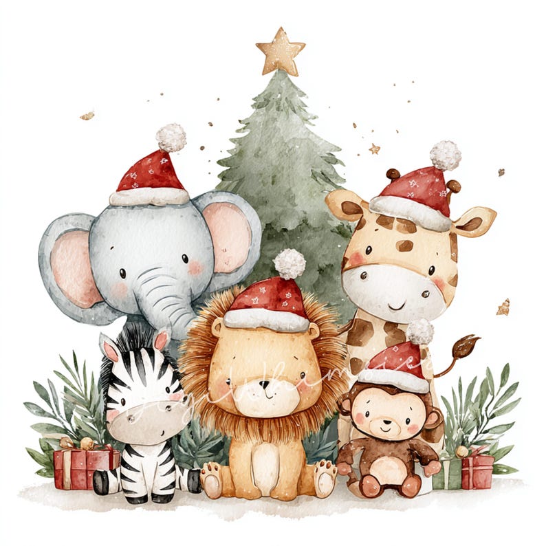 12 Safari Christmas Clipart Nursery Christmas Wild Animals Santa Baby ...