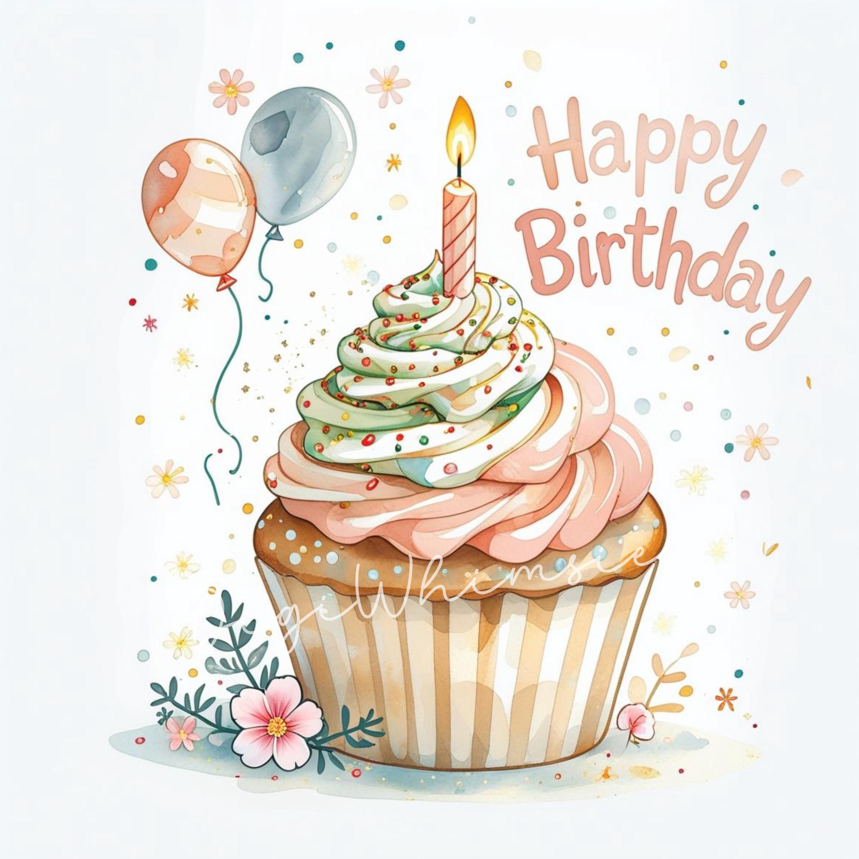 12 Happy Birthday Clipart – Cupcakes, Balloons & Party Watercolor Jpgs ...