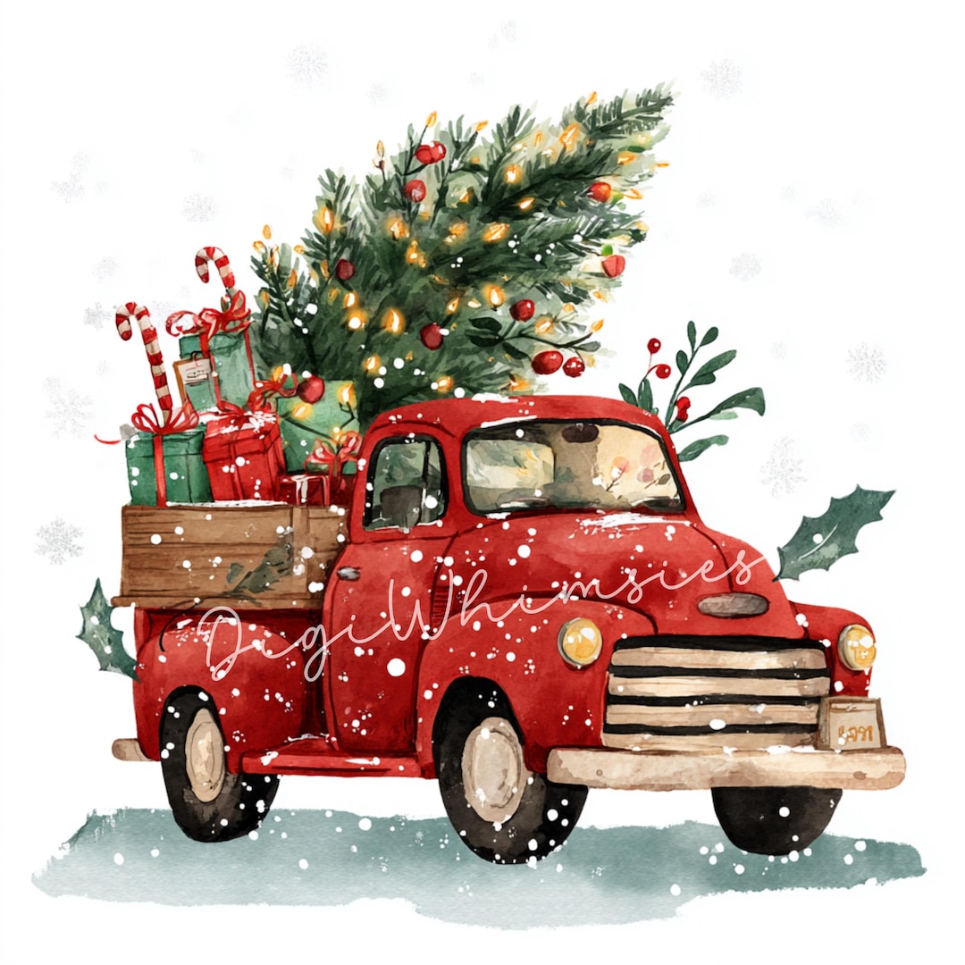 12 Red Christmas Truck Clipart – Whimsical Classic Holiday Jpgs Digital ...
