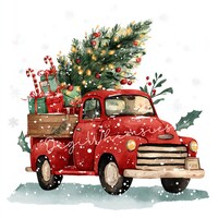 Watercolor Christmas Clipart - Watercolor Red Truck With Christmas Tree ...