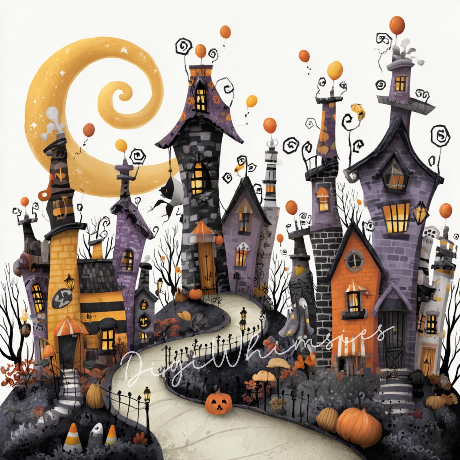 Halloween Village Clipart: Whimsical Haunted Town Watercolor (JPG ...