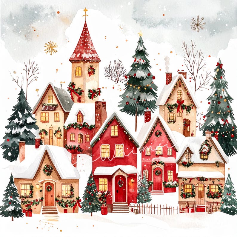 Watercolor Christmas Village Clipart: Whimsical Winter Town Jpgs ...