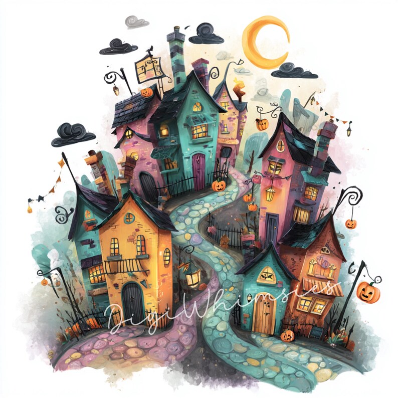 Halloween Village Clipart: Whimsical Haunted Town Watercolor (JPG ...
