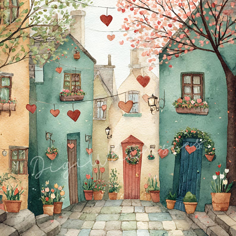 20 Valentine Village Clipart: Winter Town, Romantic Village Heart ...