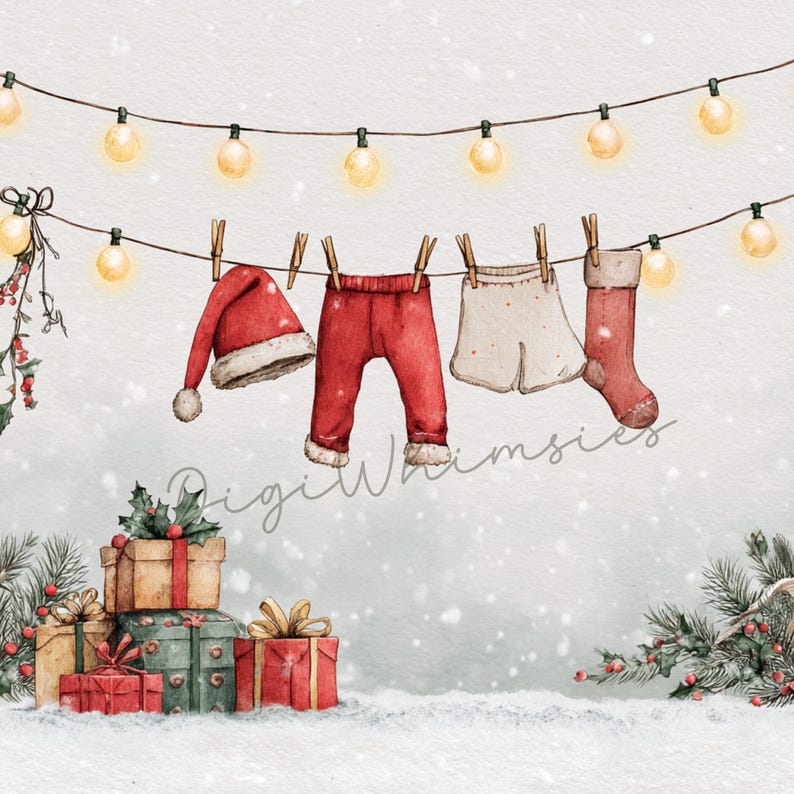 10 Santa Claus Clothesline Clipart – Whimsical Funny Christmas ...