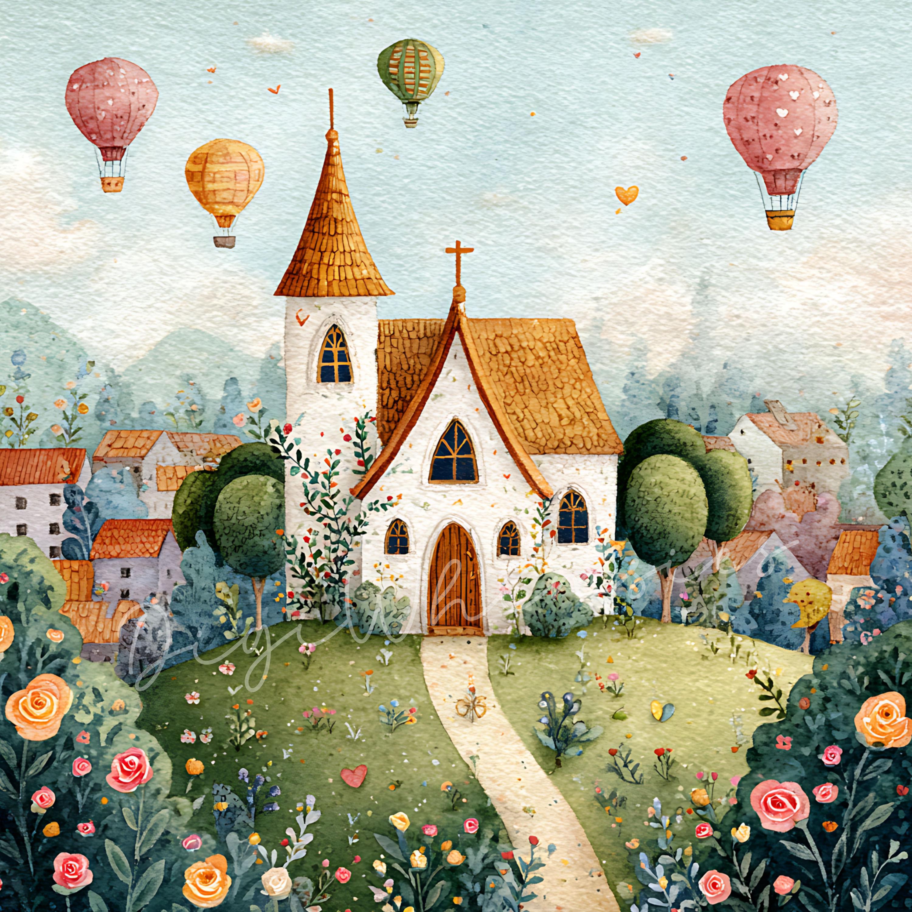 20 Valentine Village Clipart: Winter Town, Romantic Village Heart ...