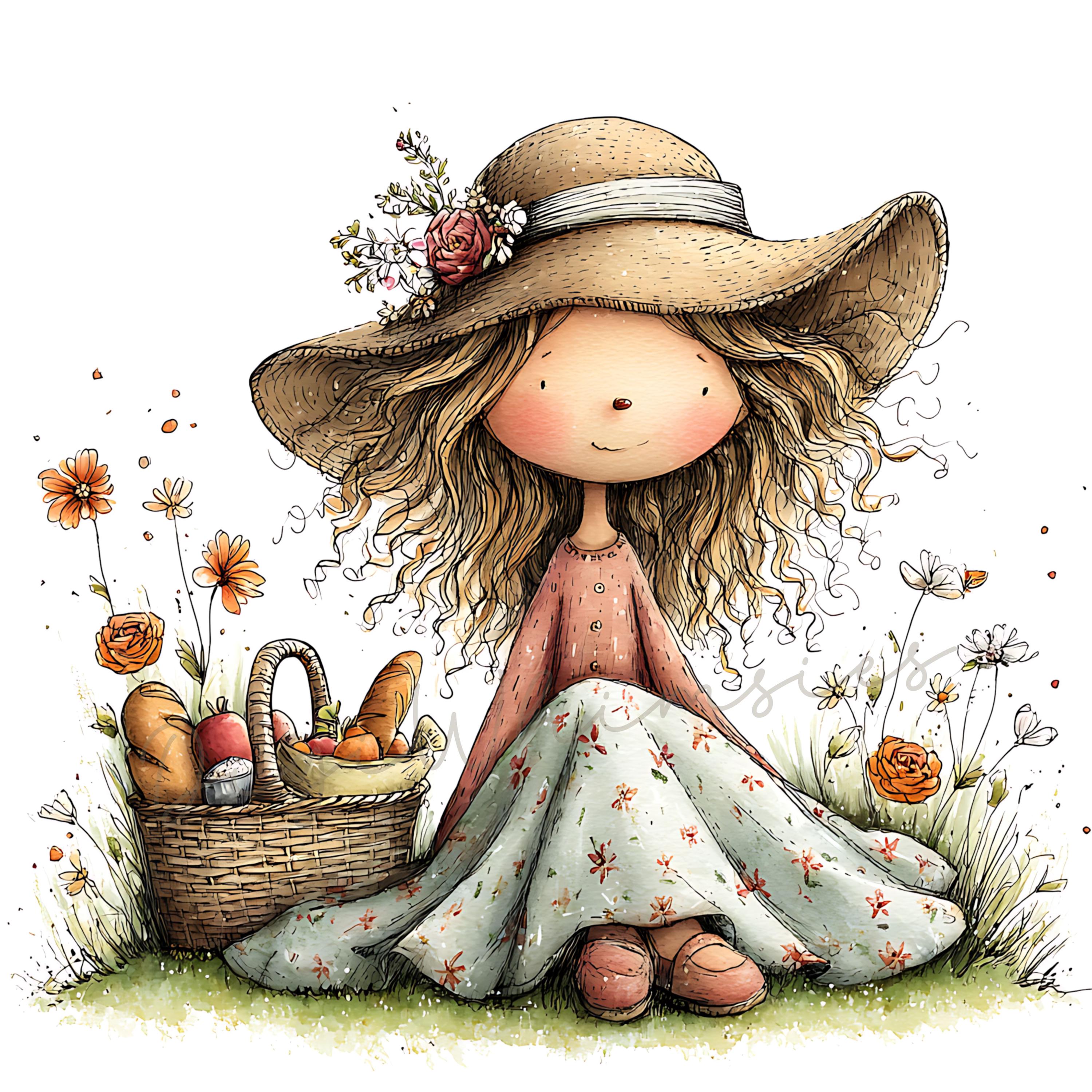Whimsical Watercolor Picnic Girl Clipart | Flower Girl Reading ...