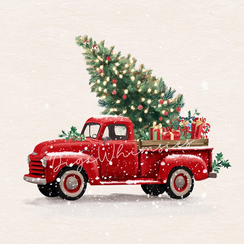 12 Red Christmas Truck Clipart – Whimsical Classic Holiday Jpgs Digital ...
