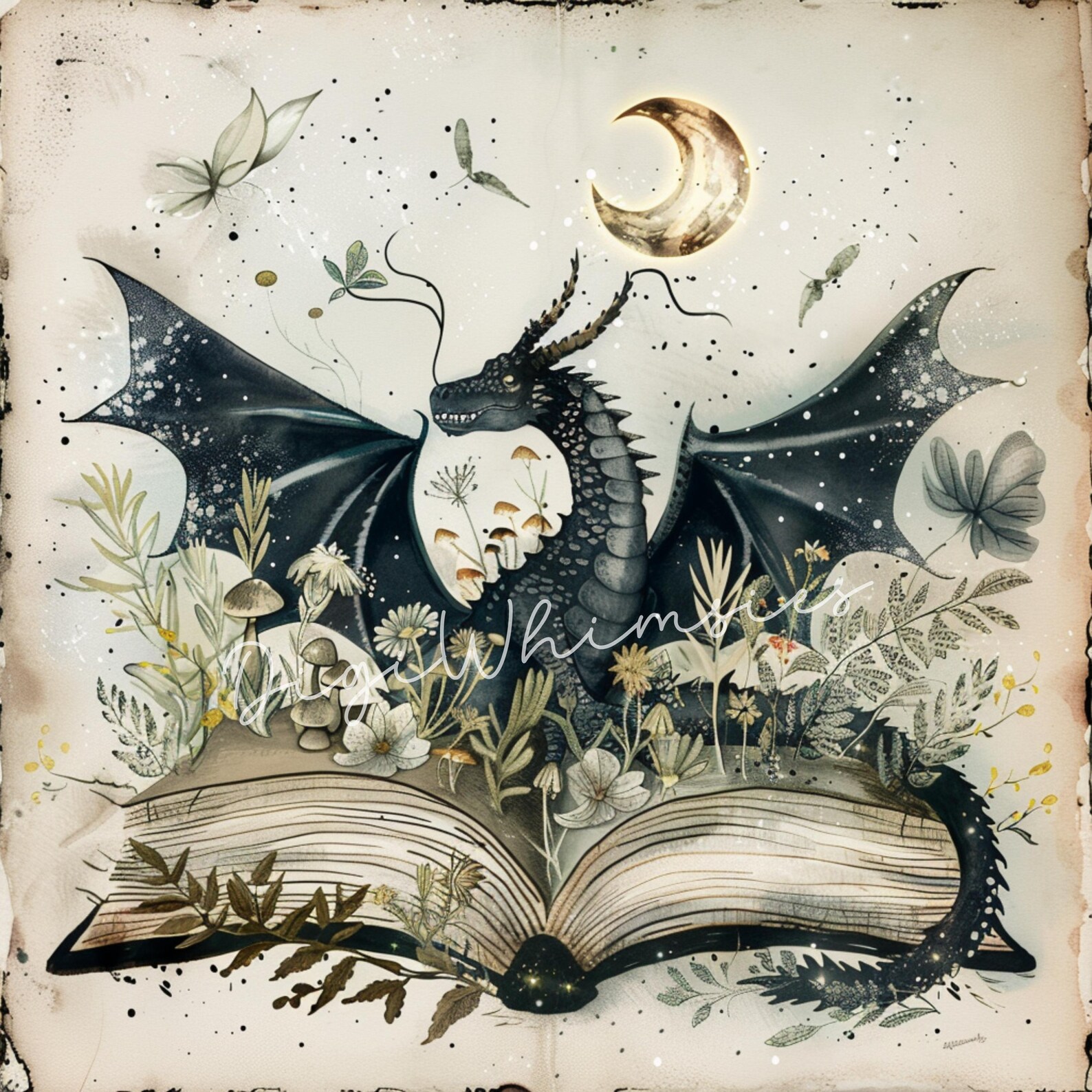 Book Dragon Clipart: Mystical Bookworm Art, Junk Journal Ephemera (10 ...