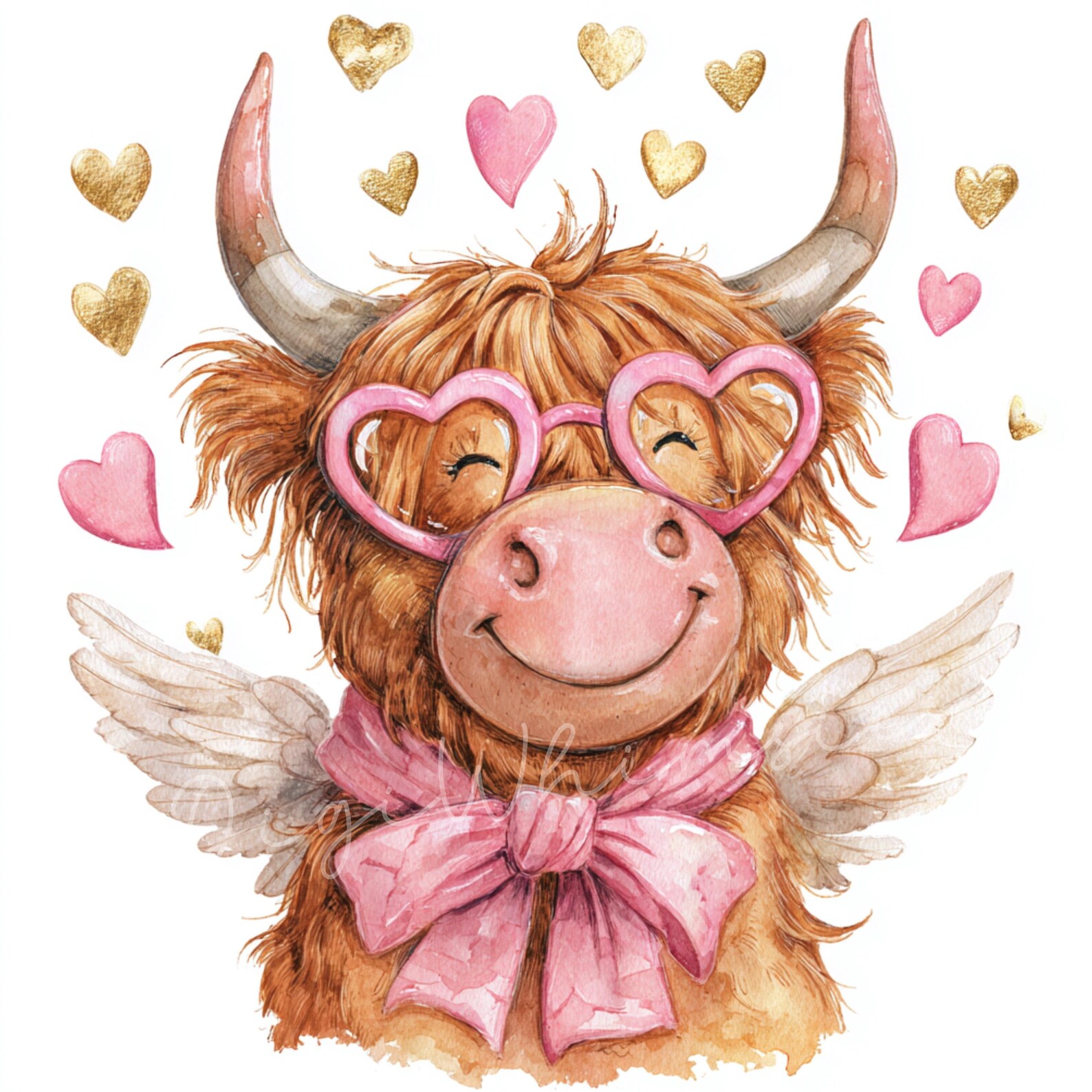 Valentine Cupid Highland Cow Clipart: Whimsical Heart's Day Graphics ...