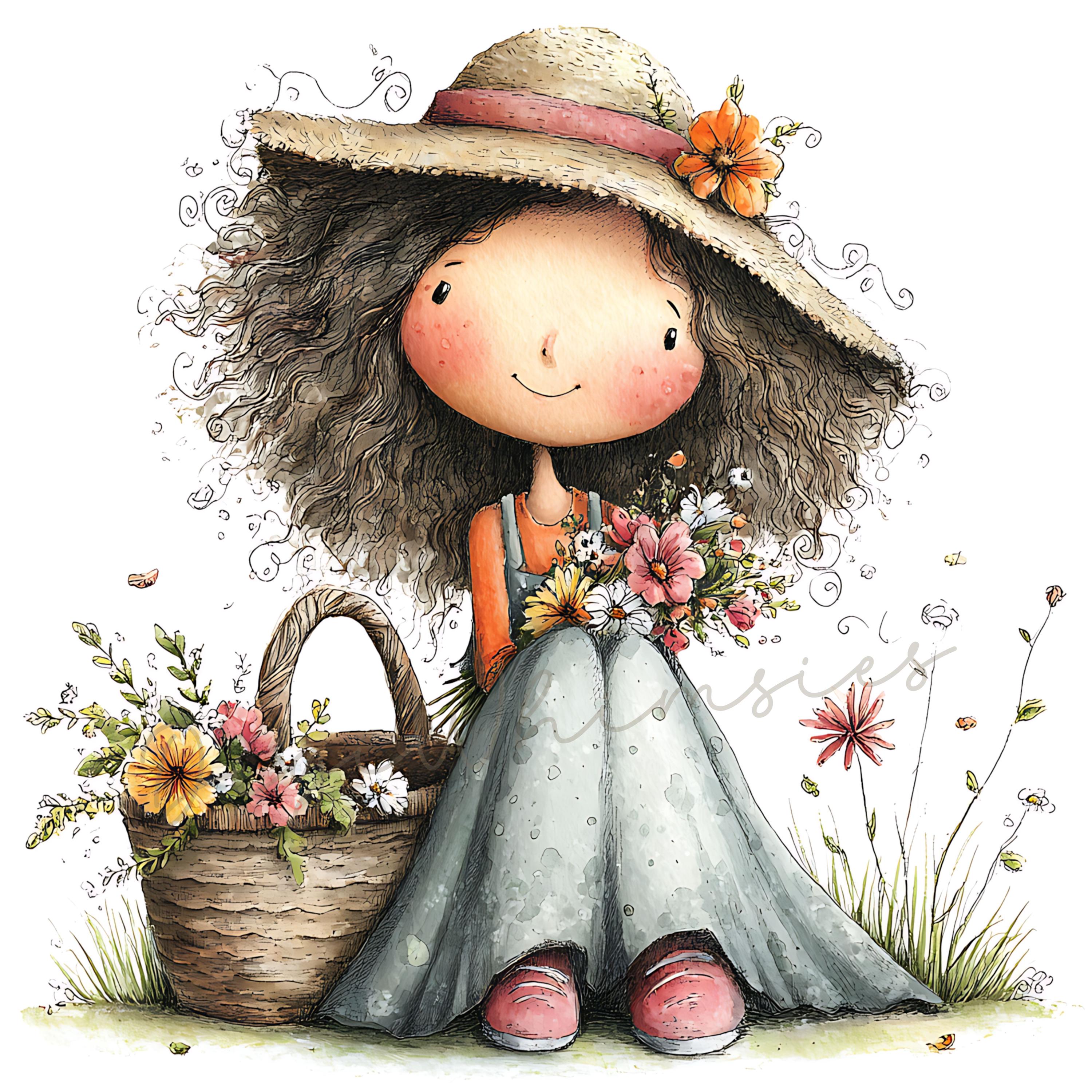 Whimsical Watercolor Picnic Girl Clipart | Flower Girl Reading ...