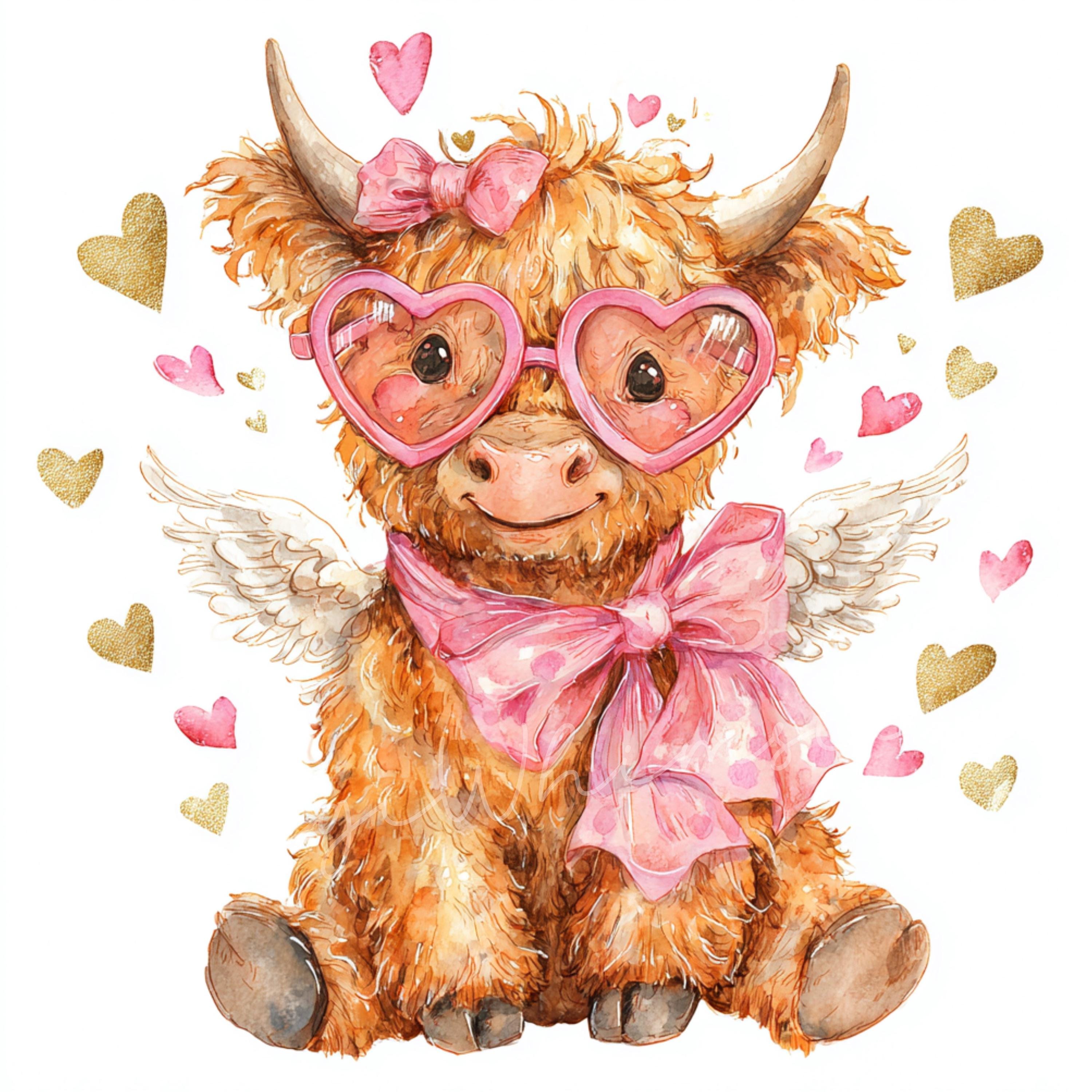 Valentine Cupid Highland Cow Clipart: Whimsical Heart's Day Graphics ...