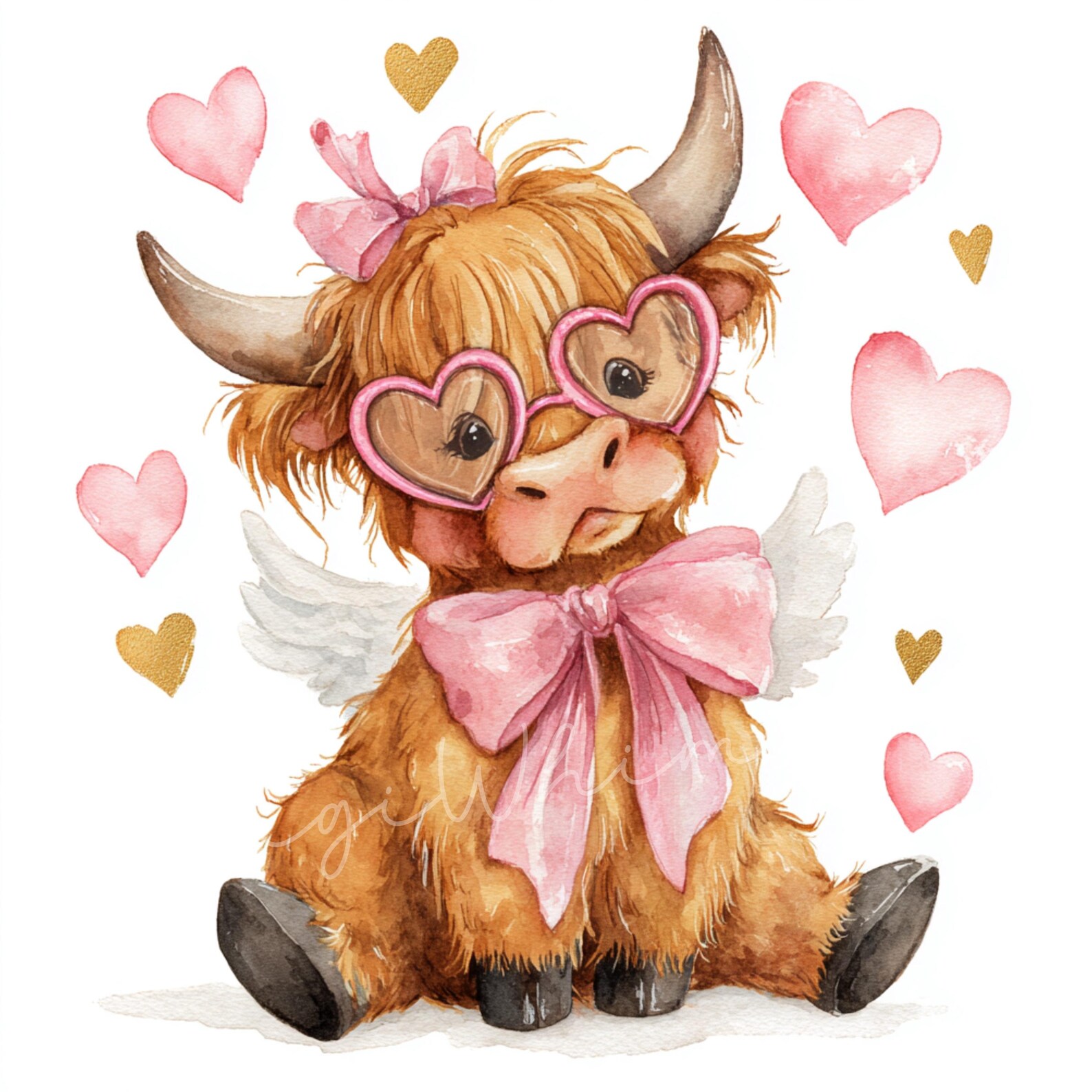 Valentine Cupid Highland Cow Clipart: Whimsical Heart's Day Graphics ...