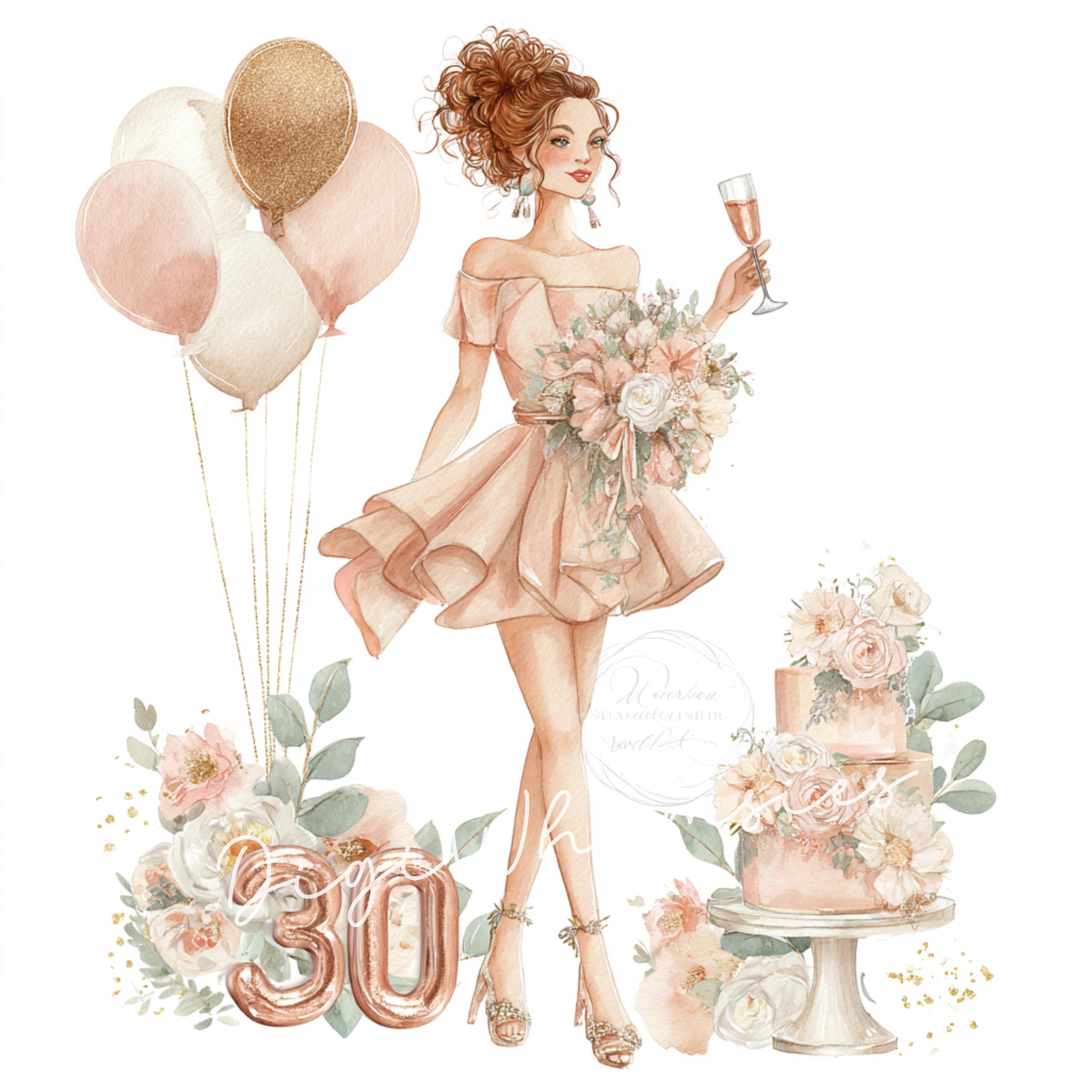 30th Birthday Girl Clipart: Elegant Party Illustrations (digital ...