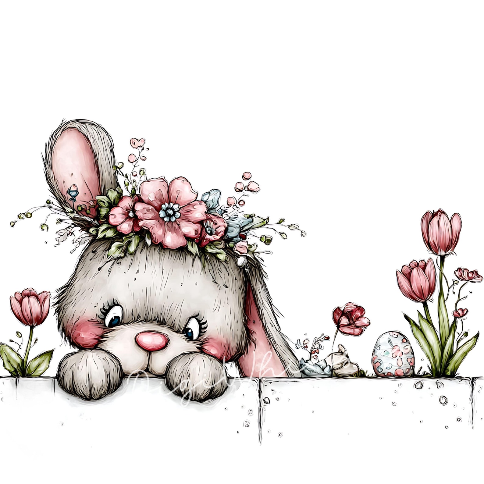 20 Peeking Quirky Bunny Clipart: Spring Flower Peeping Rabbit Graphics ...