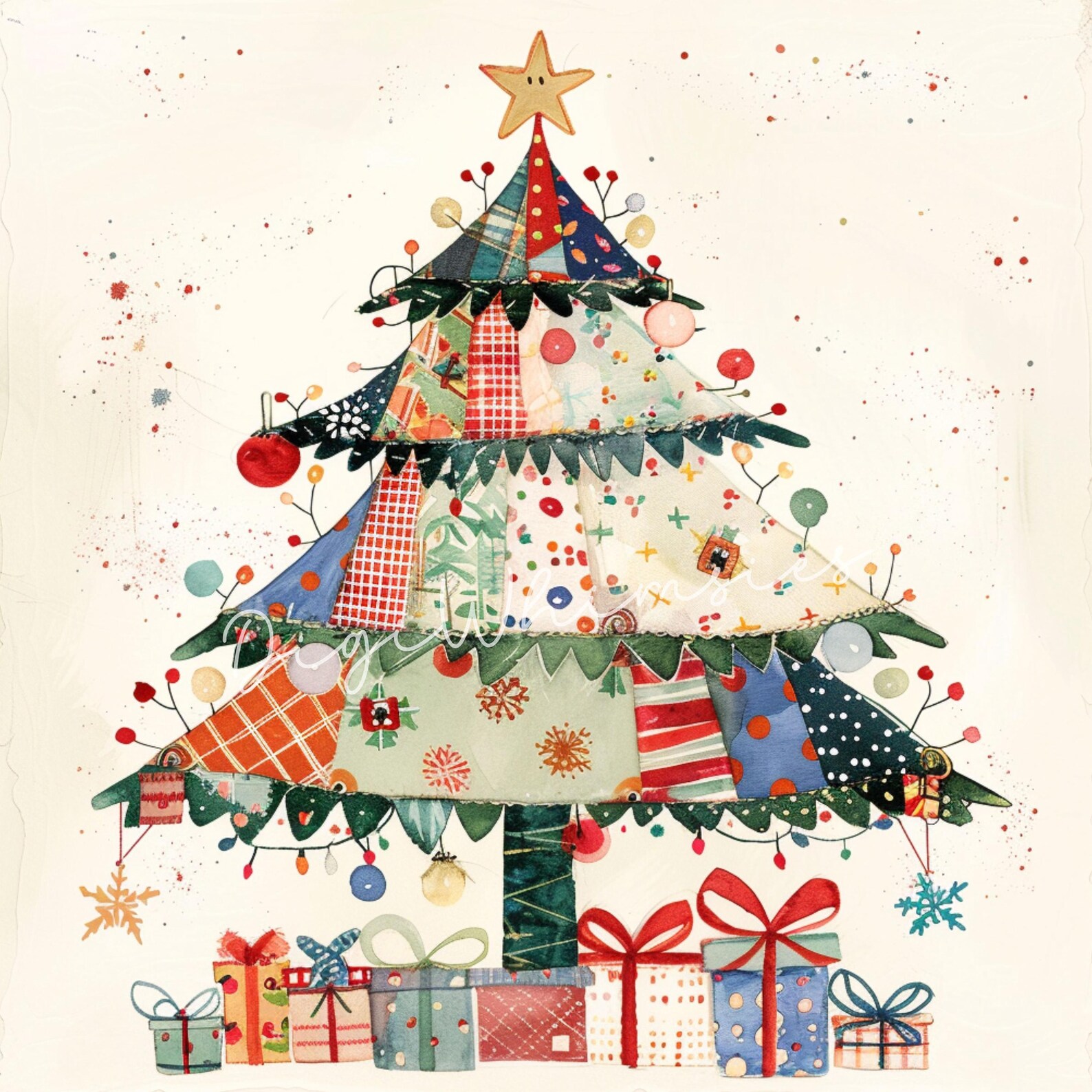 12 Christmas Tree Patchwork Clipart – Whimsical Watercolor Holiday Tree ...