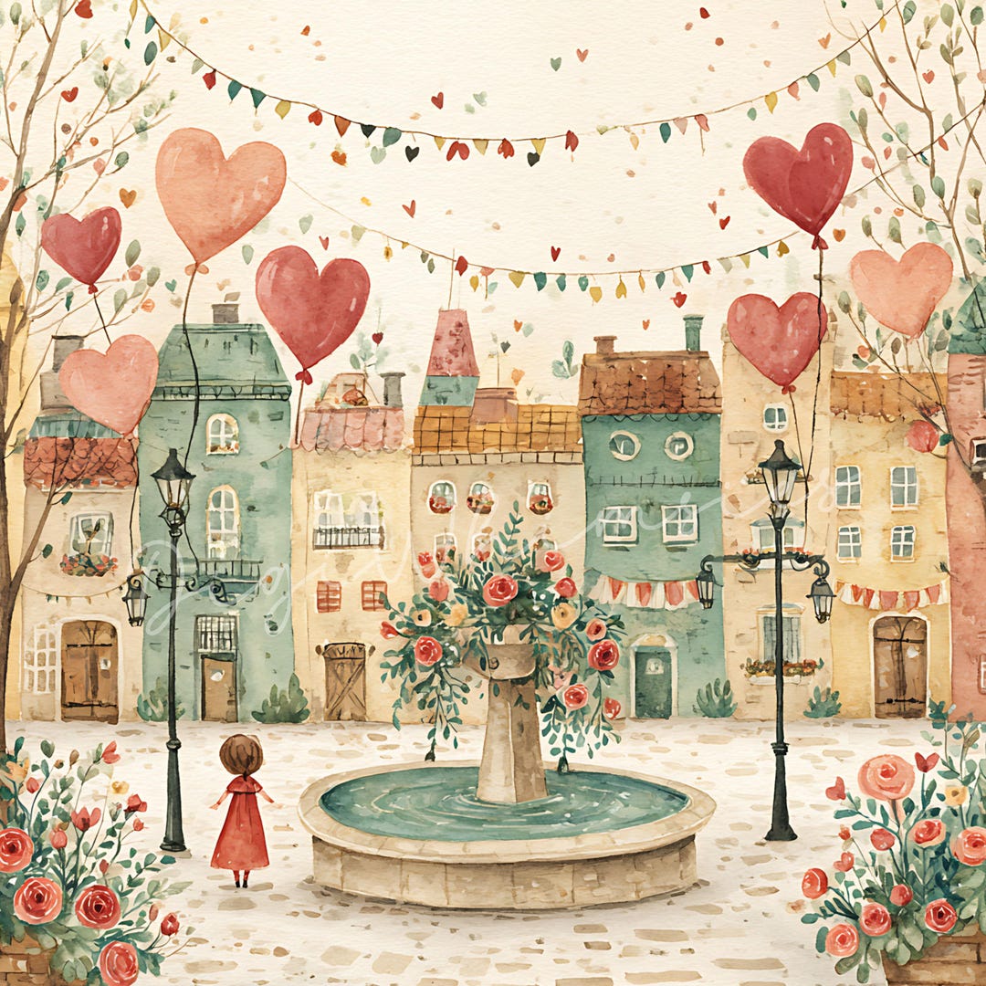 20 Valentine Village Clipart: Winter Town, Romantic Village Heart ...