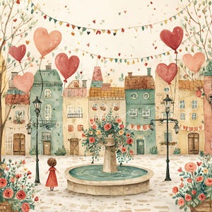 20 Valentine Village Clipart: Winter Town, Romantic Village Heart ...