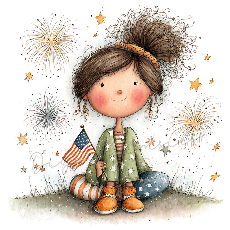 Girl 4th of July Celebration Clipart Freedom Day Summer Fireworks ...