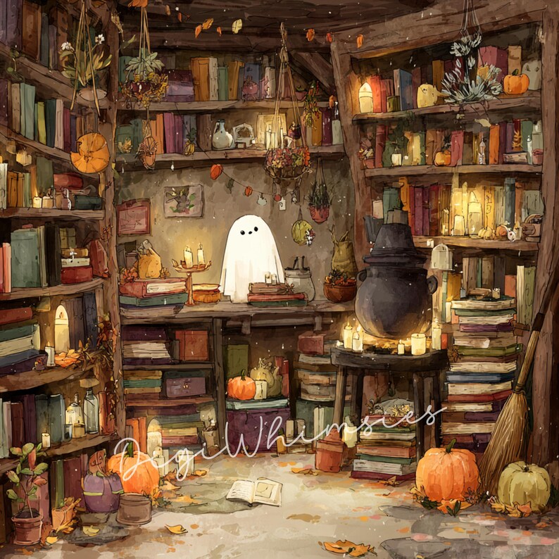 Spooky Library Clipart: Halloween Bookshop Art (digital Download, 10 ...