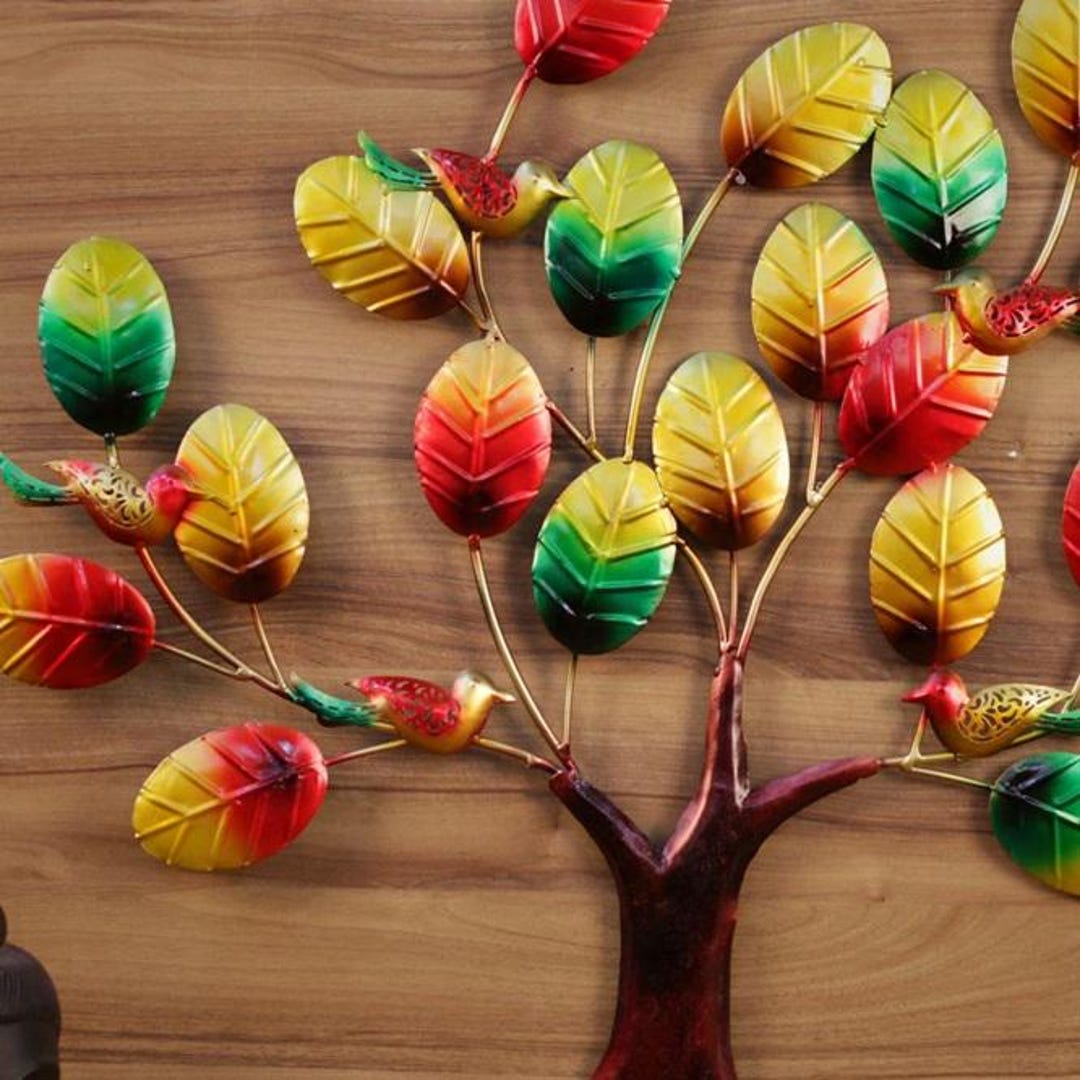 Handcrafted Multicolor Iron Tree Wall Art With Birds – Modern Nature ...