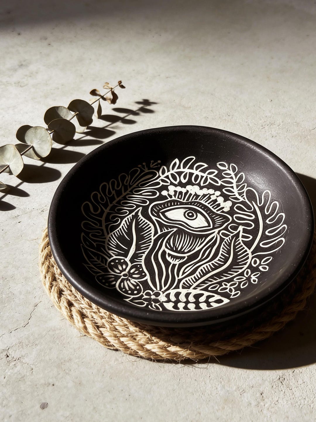 Handmade Plate Sgraffito Dish 10cm | Matte Black Cizhou Kiln Pottery ...