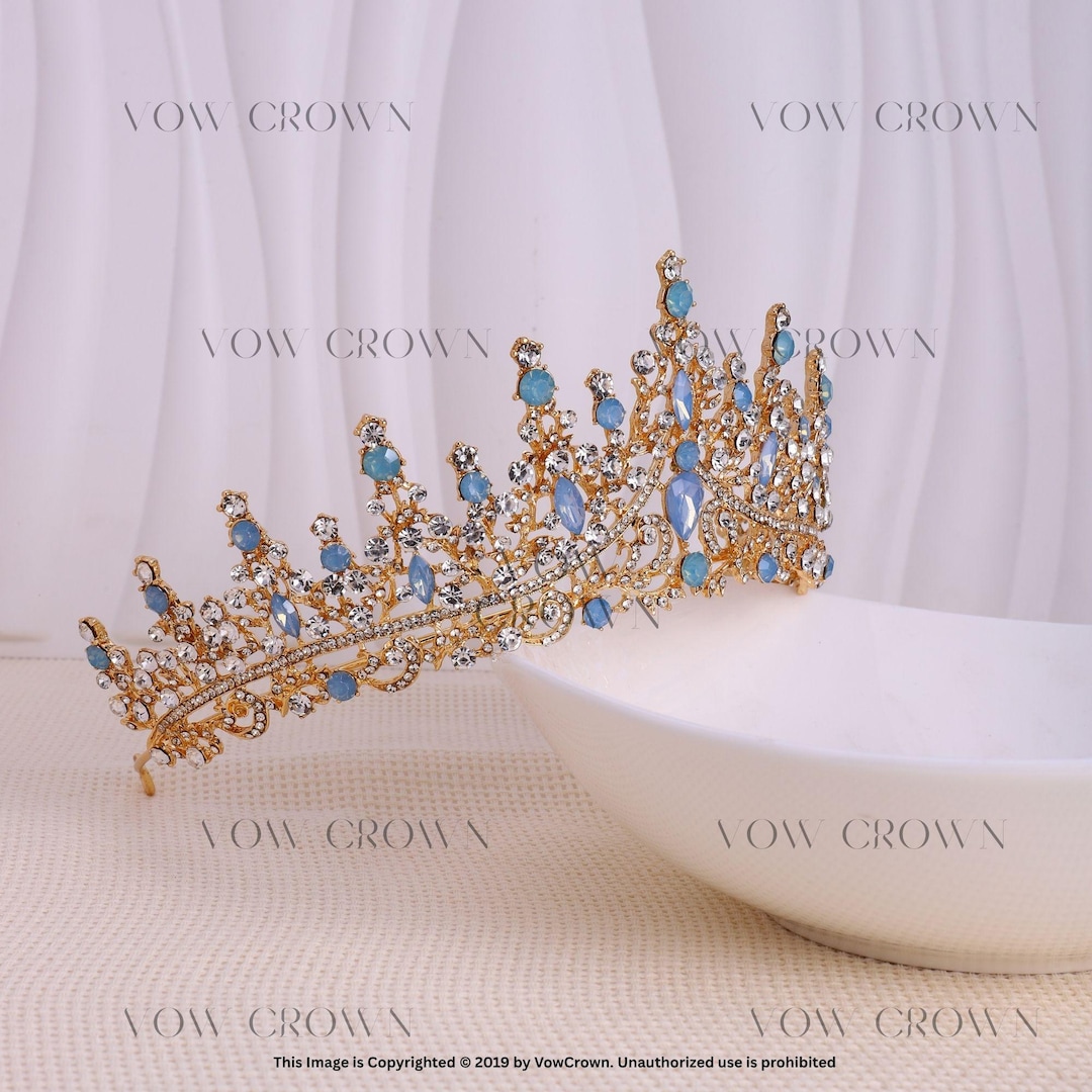 Opal Blue Crystal Tiara Jewelry Set: Bridal Gold Rhinestone Crown - Etsy