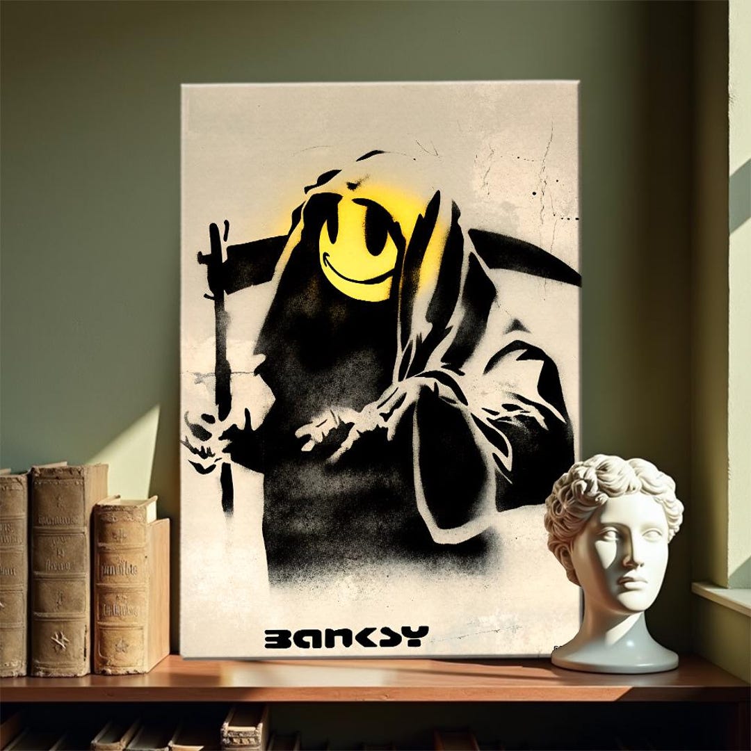 Banksy Grim Reaper Smiley Face Framed Painting, Dark Humor Street Art ...