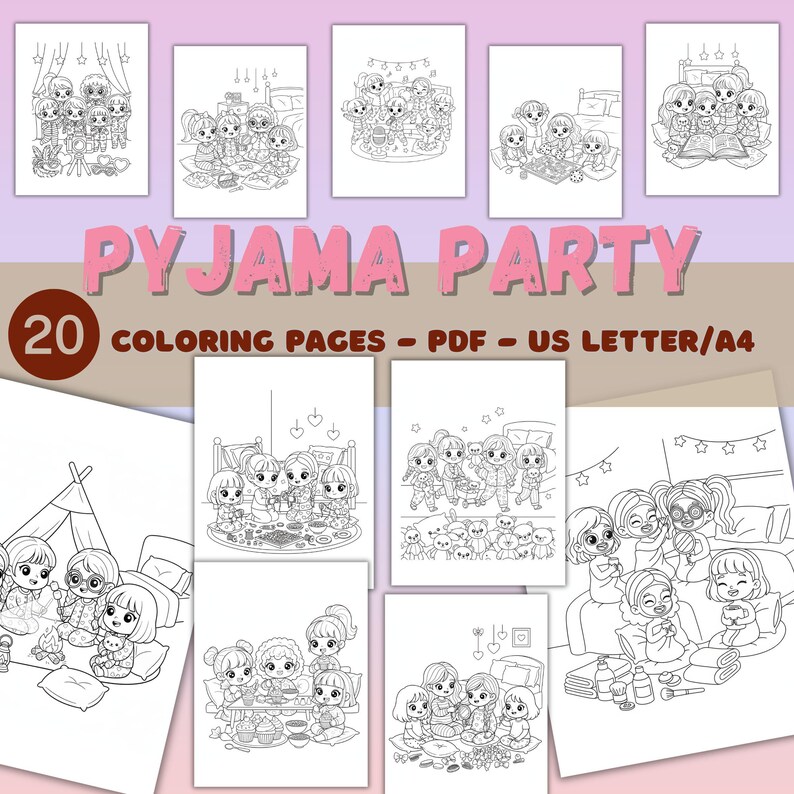 Pyjama Party Coloring Pages for Kids, 20 Sleepover Girls Coloring Book ...