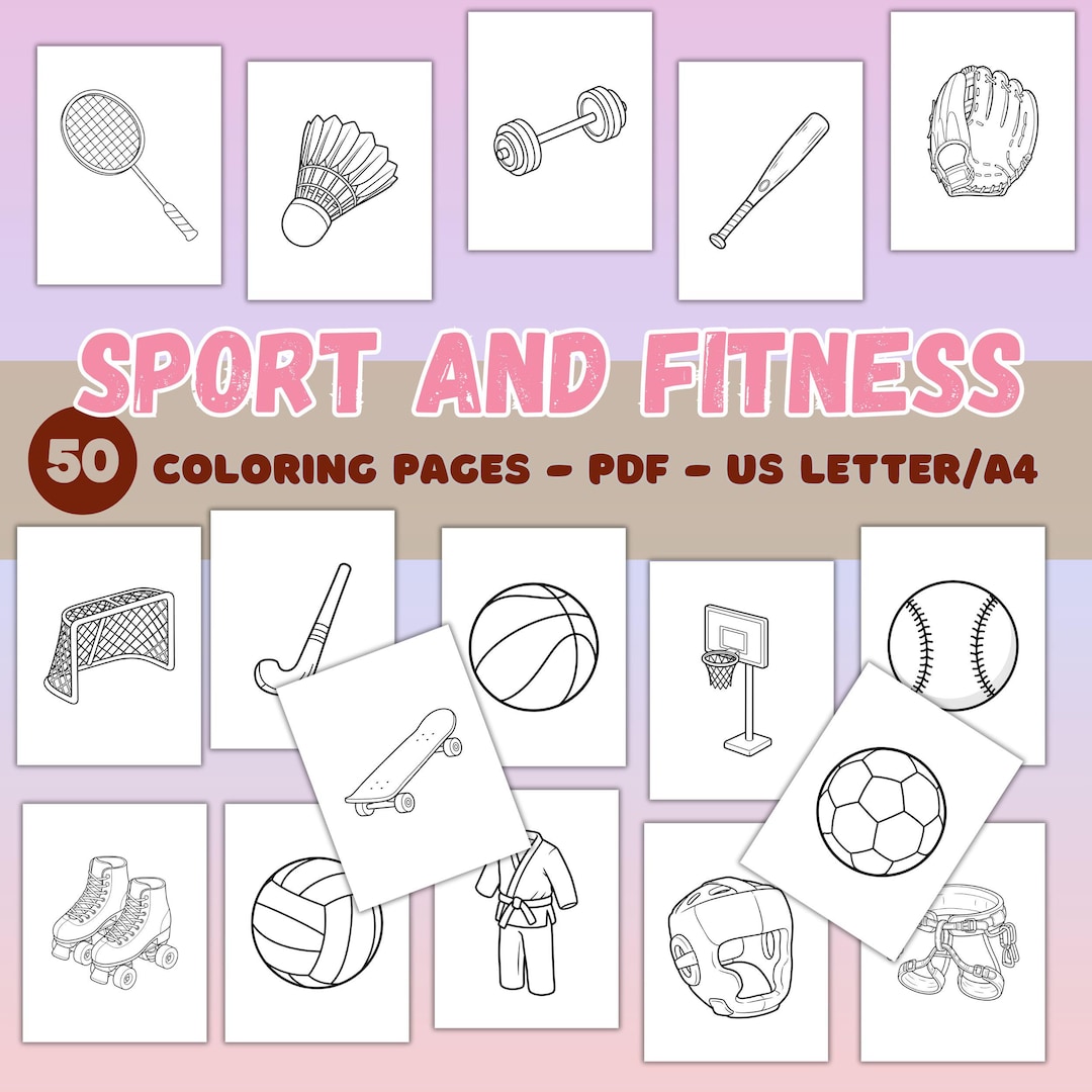 Sport and Fitness Coloring Pages for Kids PDF, Sports Equipment ...