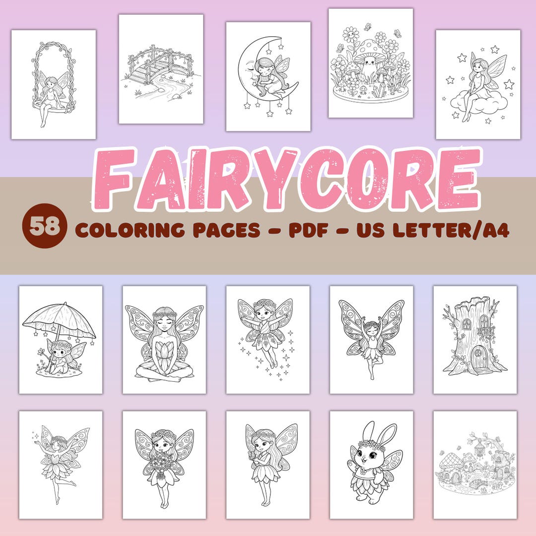 Fairy Coloring Pages for Kids, Fairycore Printable Coloring Book, Cute ...