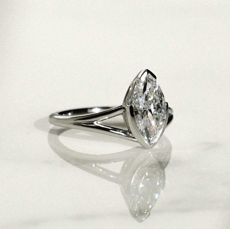 Marquise Cut Diamond Engagement Ring, White Gold Solitaire Ring, Split ...