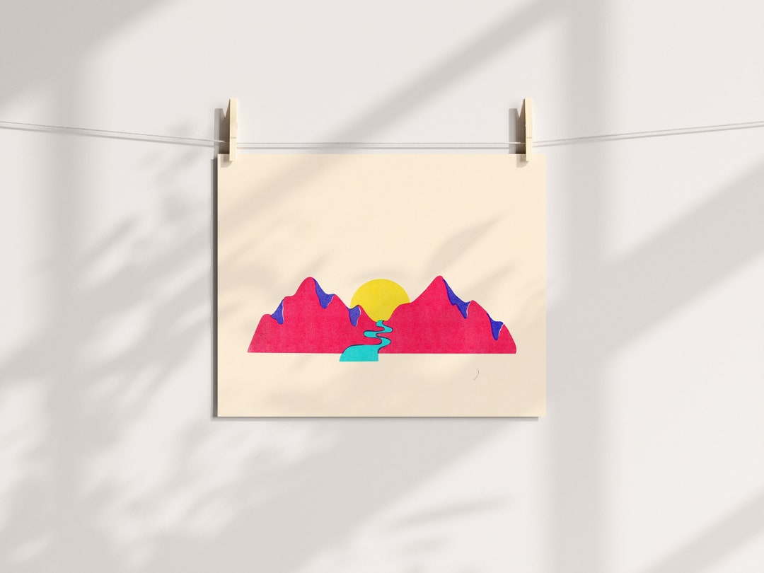 Pink Mountain Risograph Art Print, Colorful Wall Decor, Digital ...
