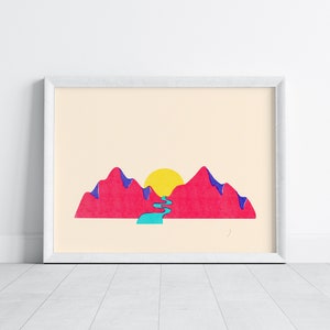Pink Mountain Risograph Art Print, Colorful Wall Decor, Digital ...
