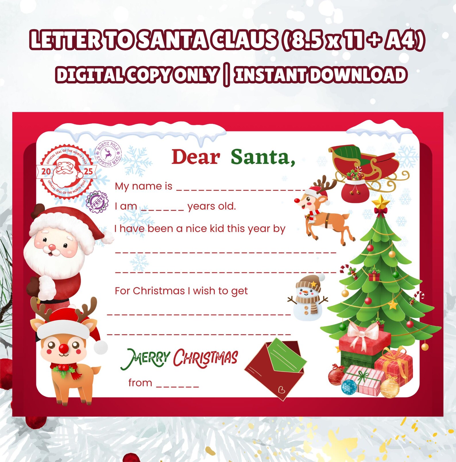 Christmas Wishlist, Letter to Santa for Kids, A4 and 8.5x11 Printable ...