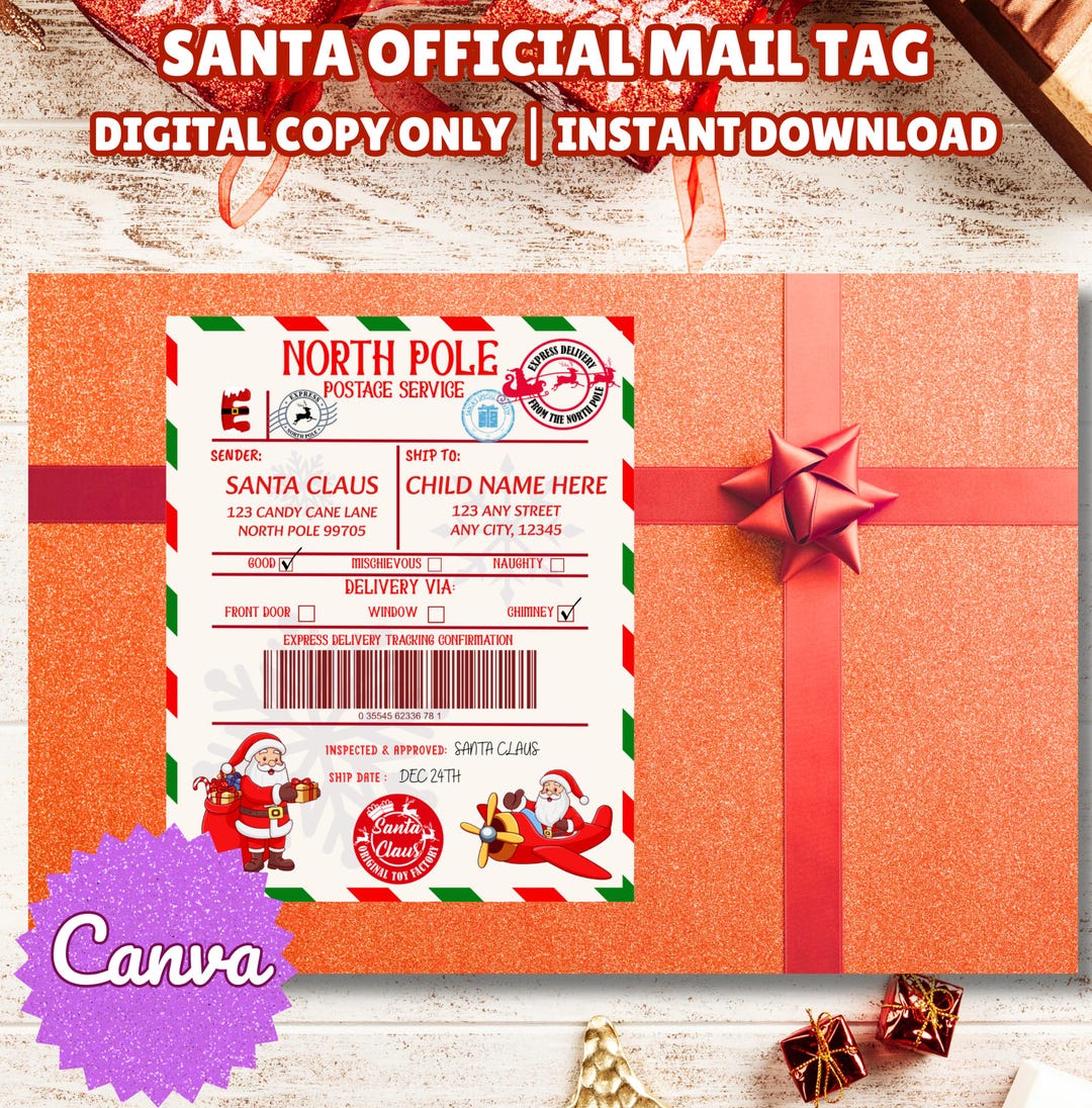 Editable Santa Shipping Label Template, North Pole Delivery Tag, Santa ...