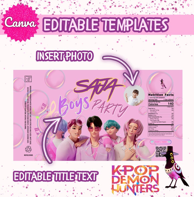 Etiqueta editable de refresco K-Pop Demons Hunters / Envoltorio para ...