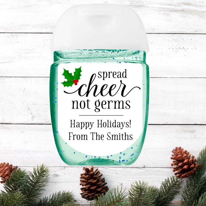 Holiday Favor Labels - 30 Personalized Mini Sanitizer Labels for ...