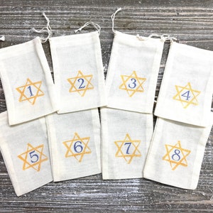 Hanukkah Countdown Calendar, Chanukah Gift Kit, 8 Hand Stamped Cotton ...