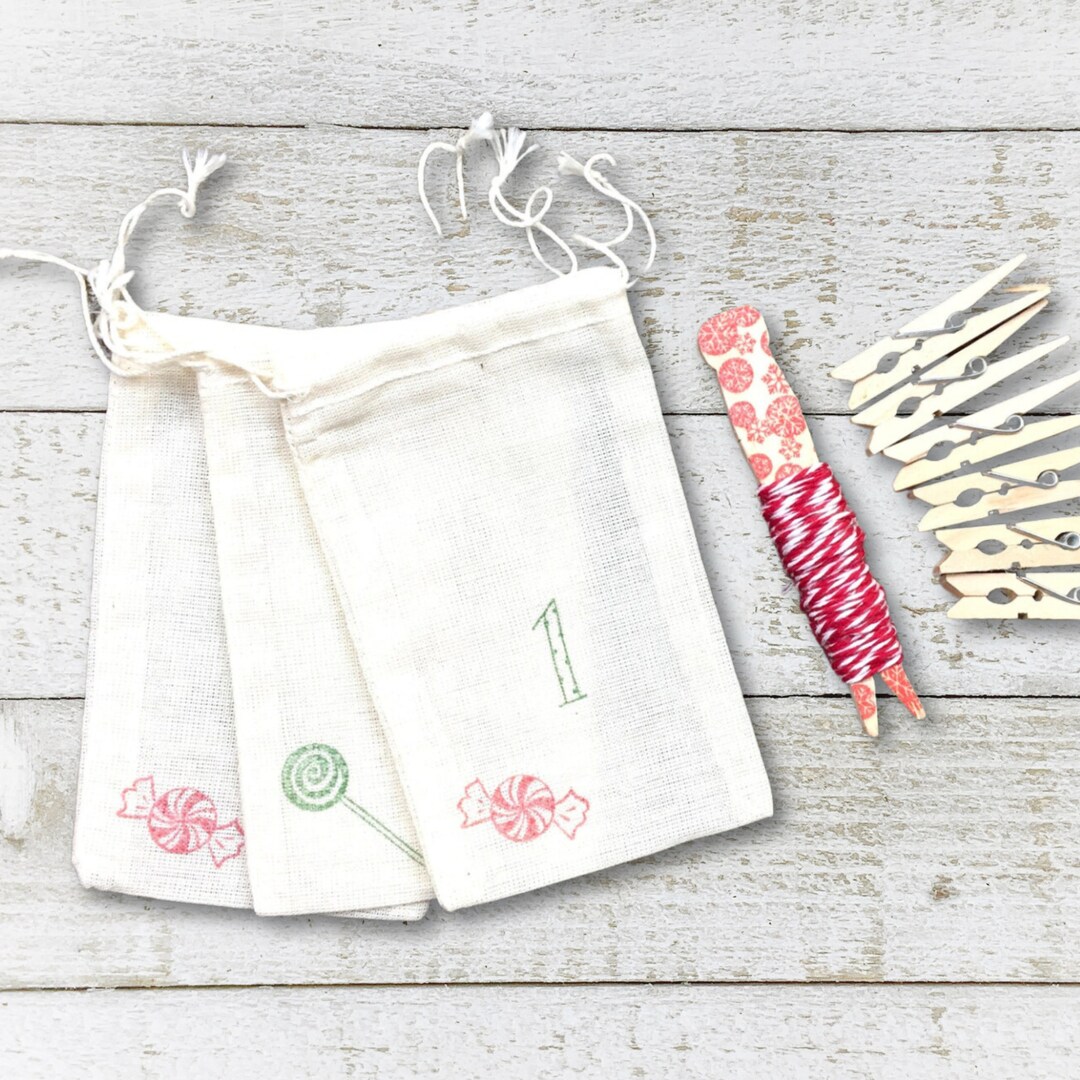 Advent Calendar Set, 24 Hand Stamped Cotton Drawstring Bags, Reusable ...