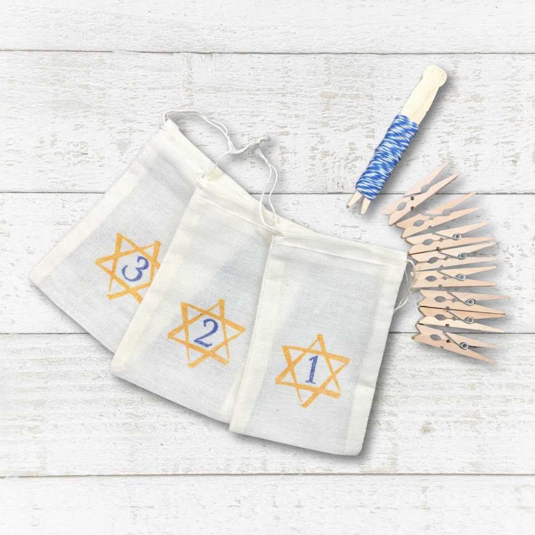 Hanukkah Countdown Calendar, Chanukah Gift Kit, 8 Hand Stamped Cotton ...