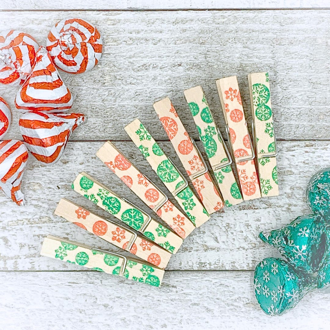 Mini Christmas Clothespins - Set of 12 Hand Stamped Wooden Pegs, Red ...