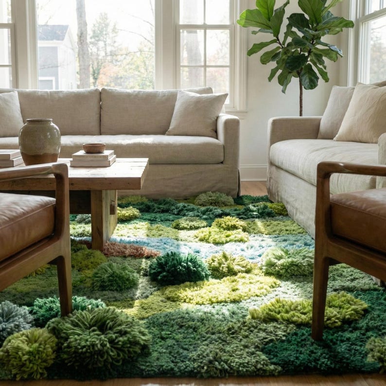 Hand Tufted Moss Rug – 3D Nature Landscape Wool Carpet, River Inspired ...