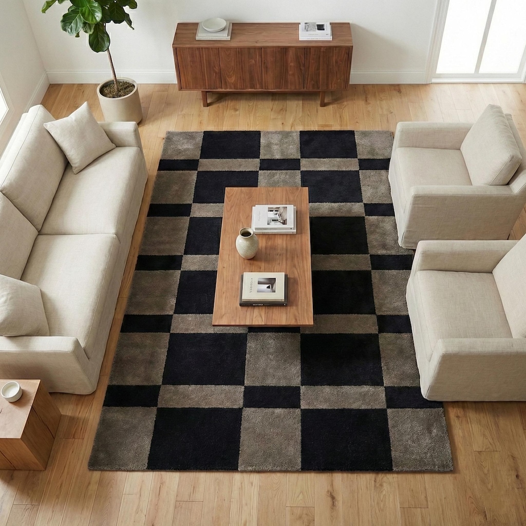 Black Grey Checkered Wool Rug, Modern Geometric Area Rug Handmade - Etsy