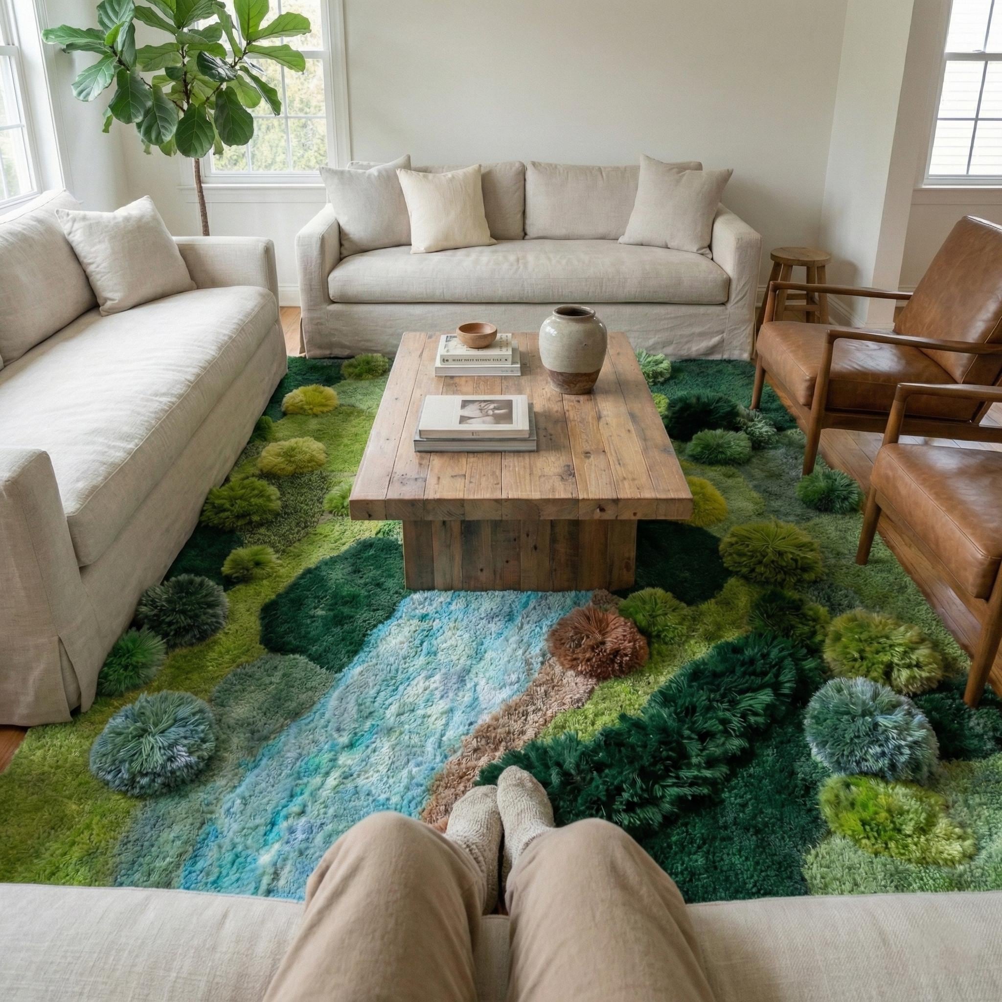 Hand Tufted Moss Rug – 3D Nature Landscape Wool Carpet, River Inspired ...