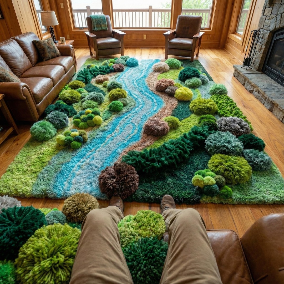 Hand Tufted Moss Rug – 3D Nature Landscape Wool Carpet, River Inspired ...