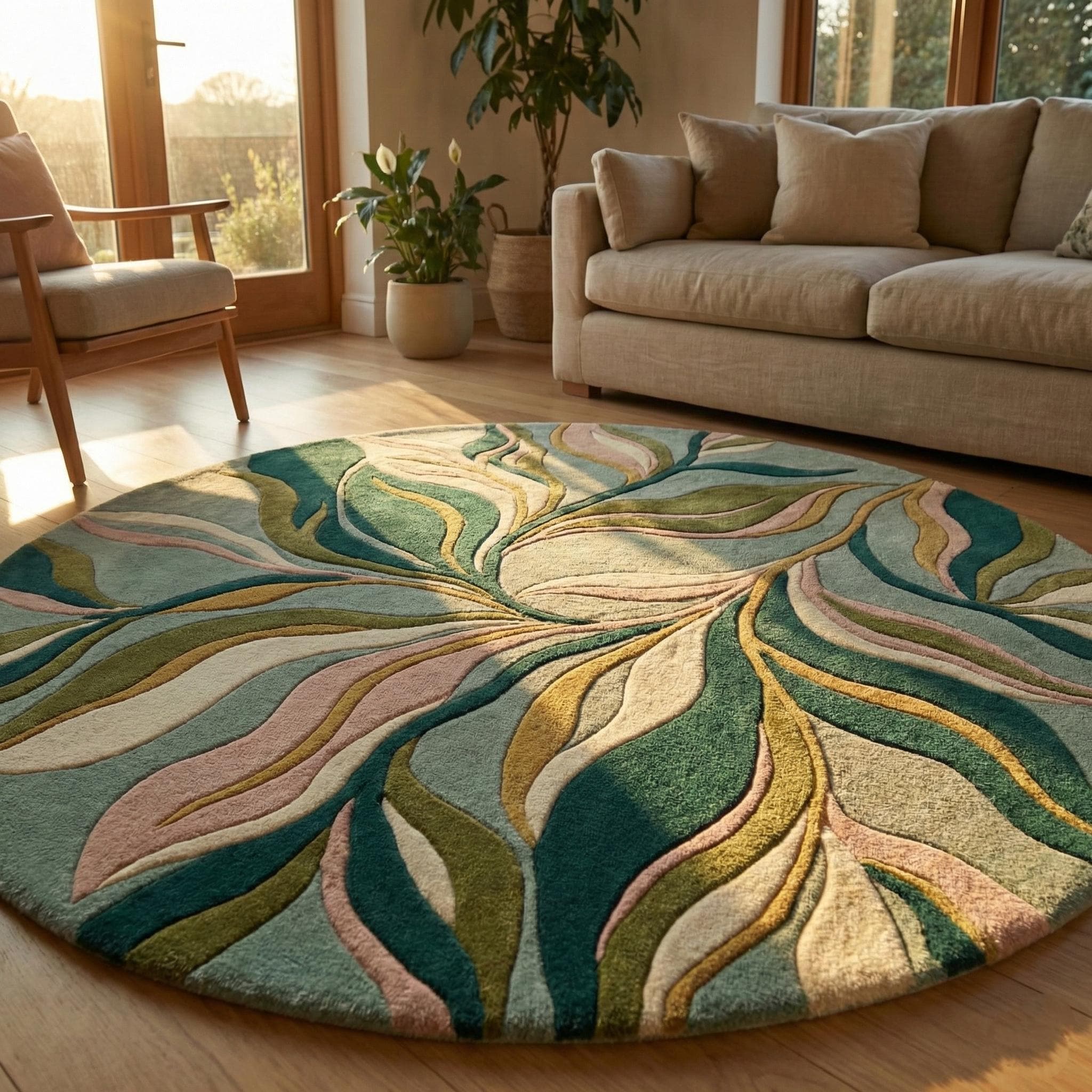 Handmade Round Wool Rug: Green Sage Floral Abstract Carpet - Etsy