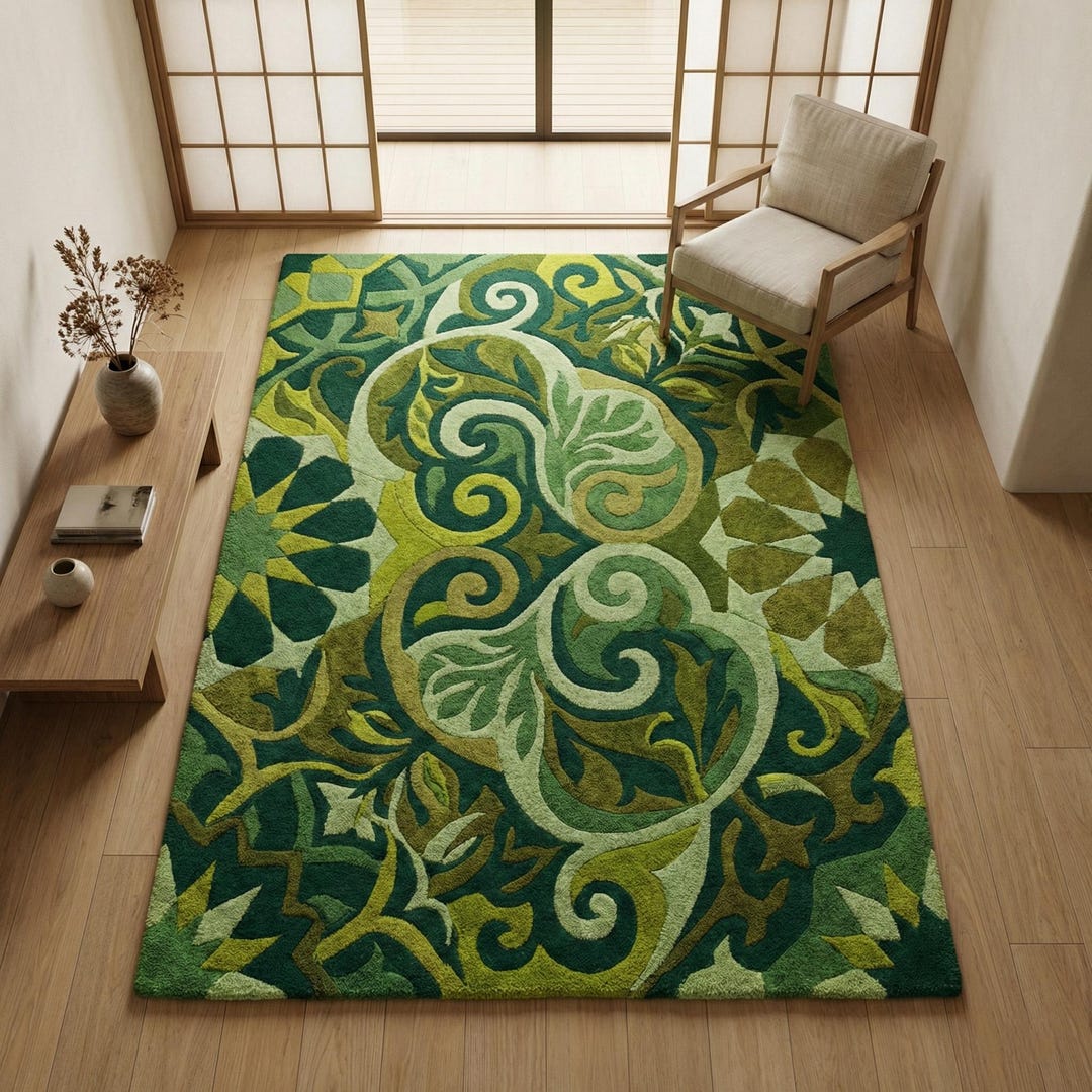 Hand Tufted Green Botanical Wool Rug, Modern Leaf Pattern Area Carpet ...