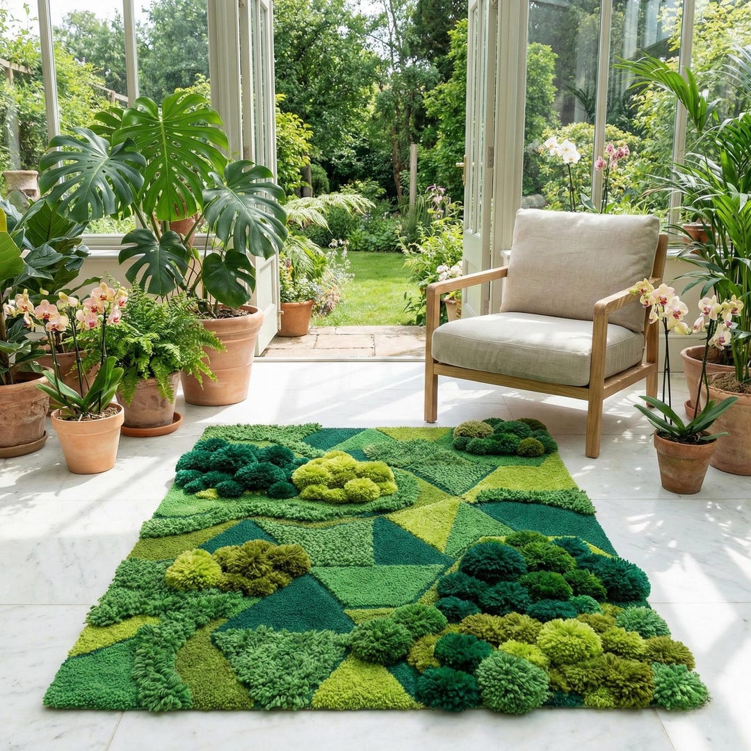 3D Green Wool Rug, Sculpted Geometric Moss Carpet, Handmade Organic ...